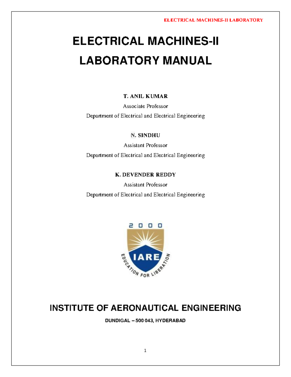 Machines laboratory NEW - ELECTRICAL MACHINES-II LABORATORY MANUAL T ...