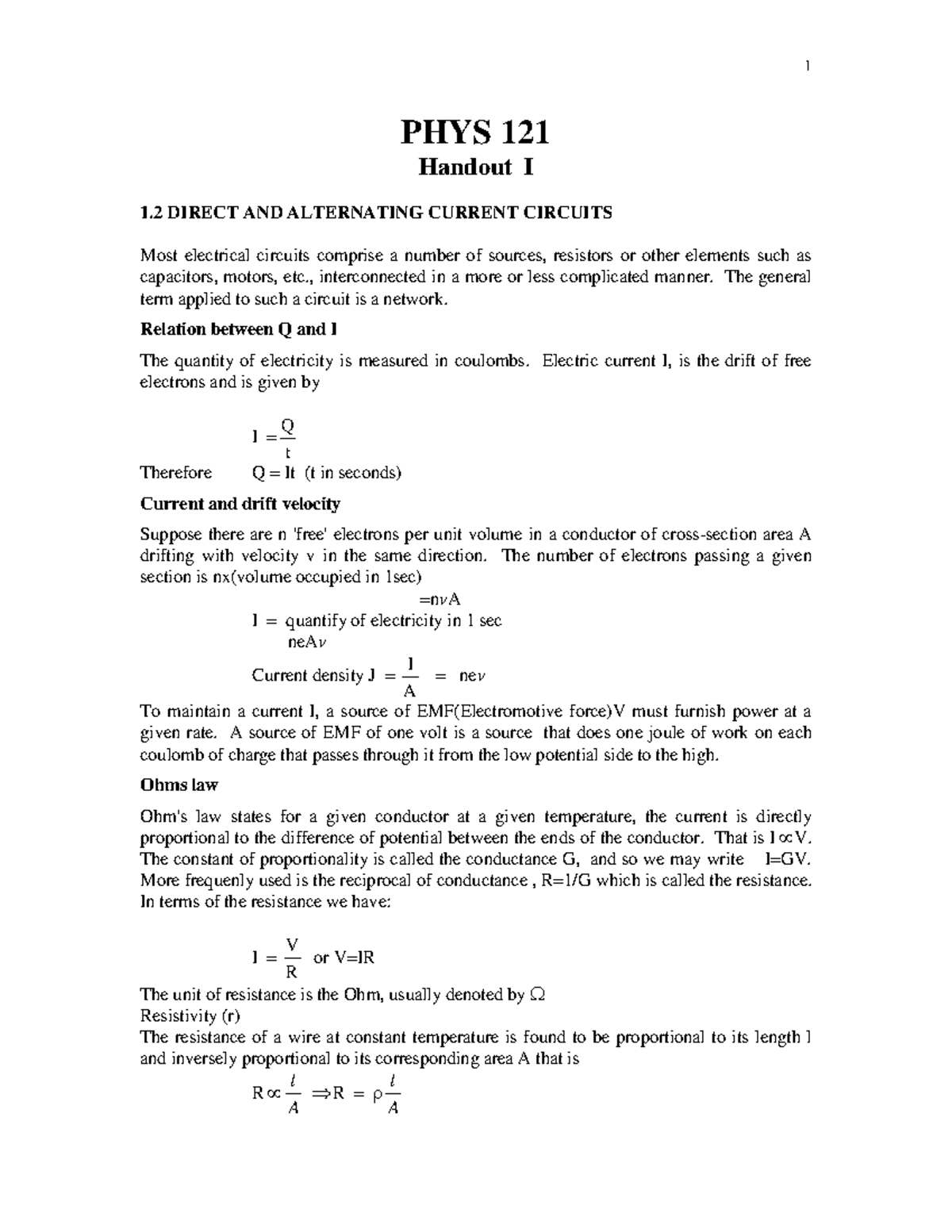 PHYS 121Handout 1 PDF - modern physics - PHYS 121 Handout I ####### 1 ...