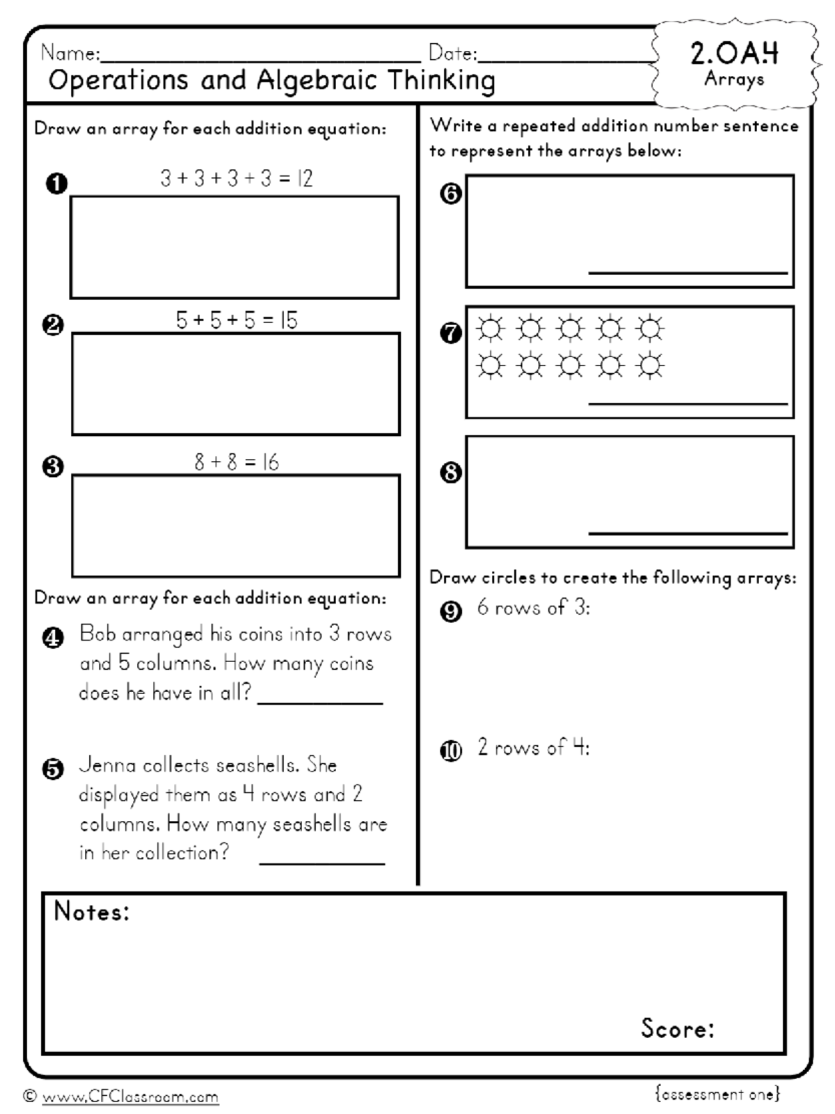 Arrays Unit Assessments - Name: Date: 2.0A Operations and Algebraic ...