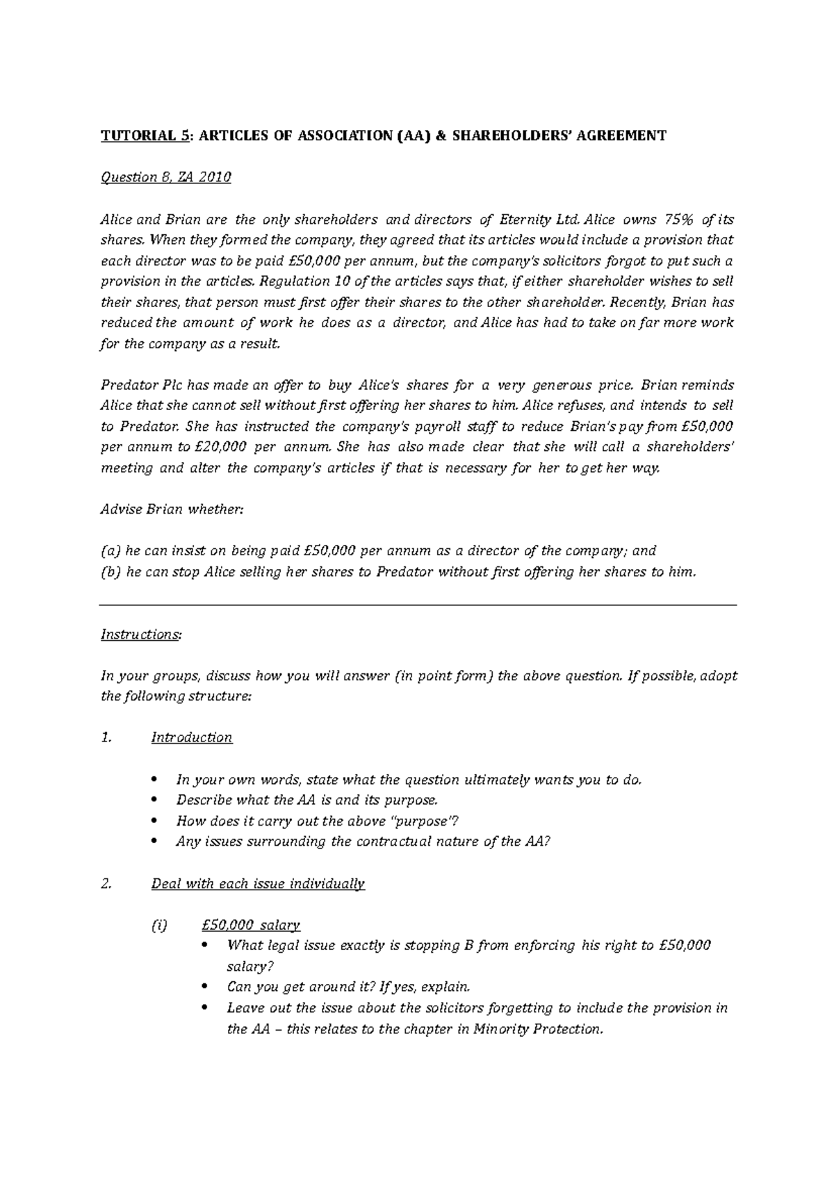 AA & Shareholders A Tutorial - TUTORIAL 5 : ARTICLES OF ASSOCIATION (AA ...
