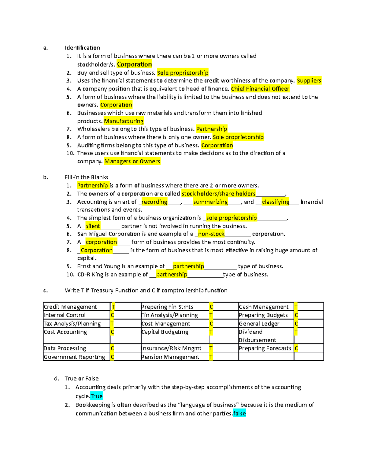 Assignment - Intro to Accounting - a. Identification 1. It is a form of ...