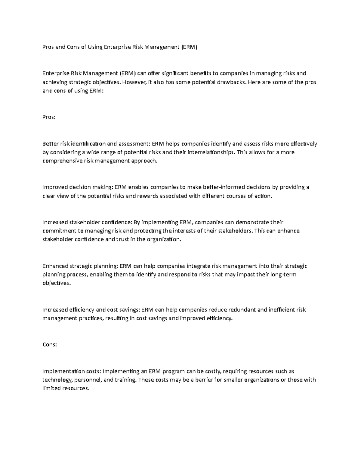 Chapter 9 - Module - Pros and Cons of Using Enterprise Risk Management ...