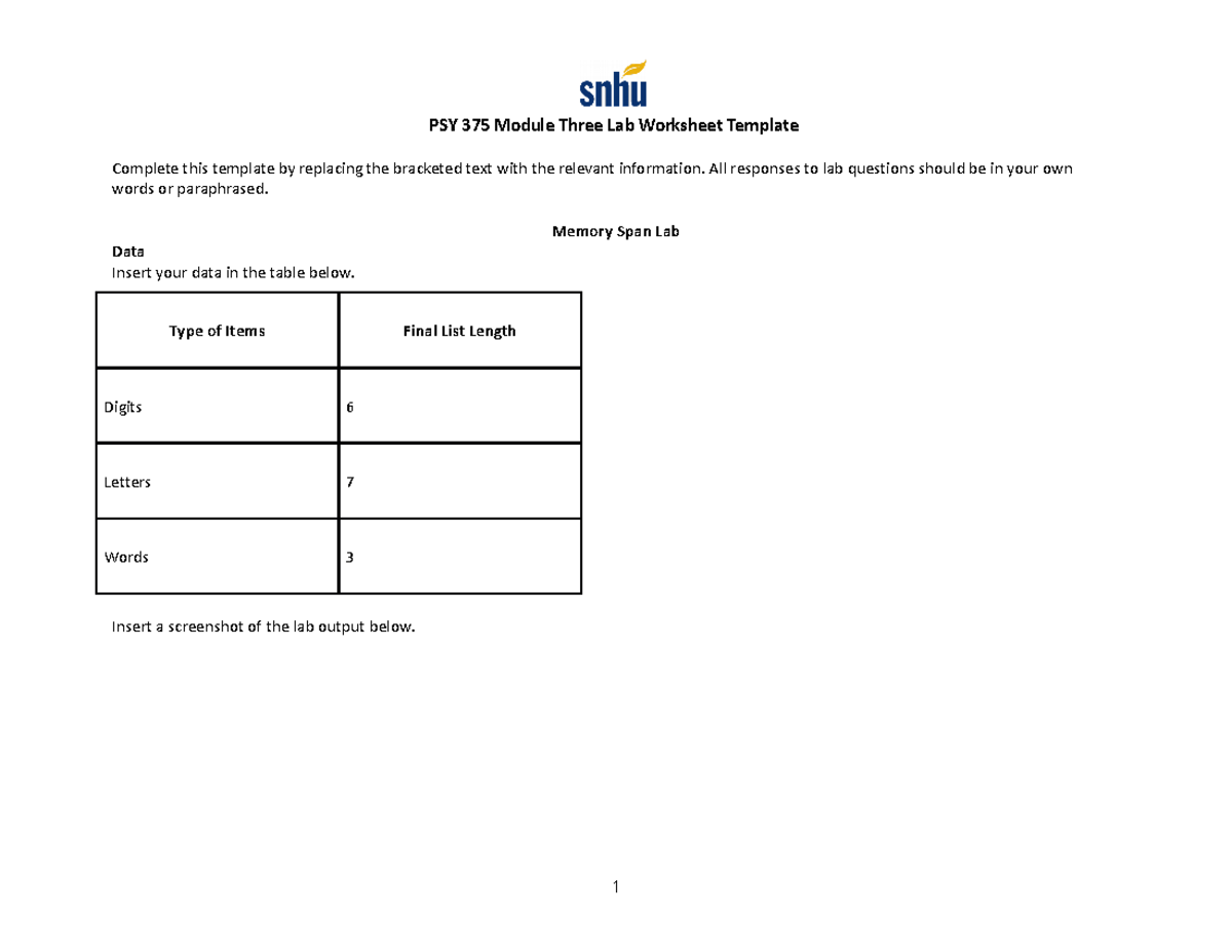 PSY 375 Module Three Lab Worksheet Template - PSY 375 Module Three Lab ...