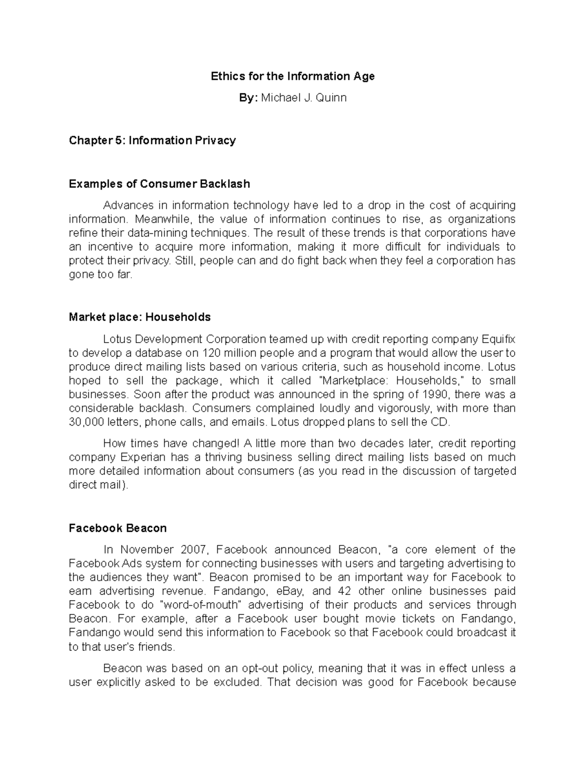 Chapter 5 Information Privacy Examples of Consumer Backlash - Ethics ...