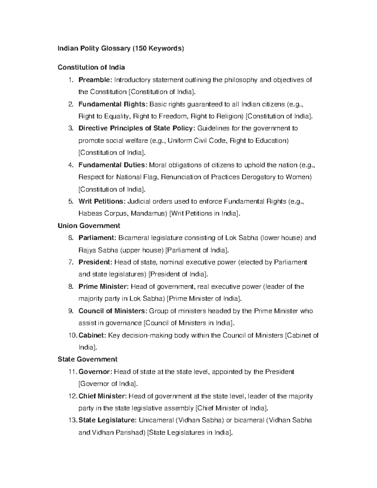 Document 1 - notes - Indian Polity Glossary (150 Keywords) Constitution ...