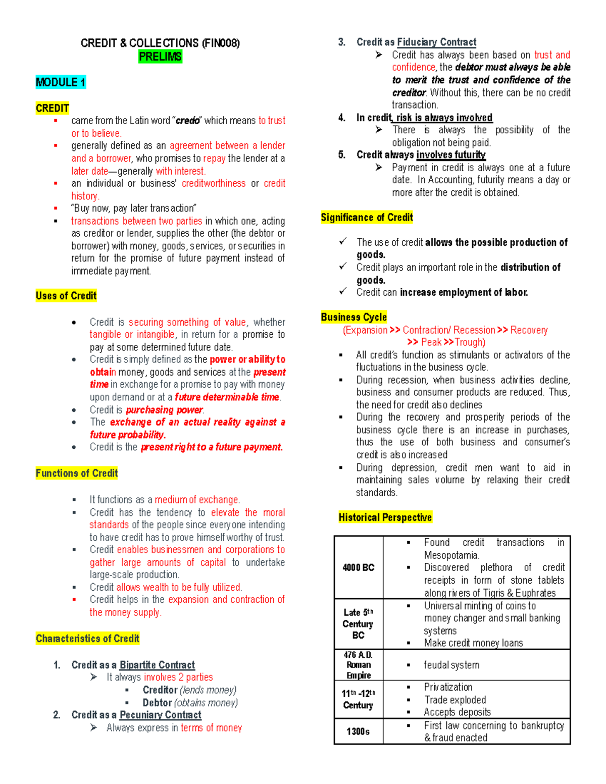 Prelims Reviewer FIN008 - CREDIT & COLLECTIONS (FIN008) PRELIMS MODULE ...