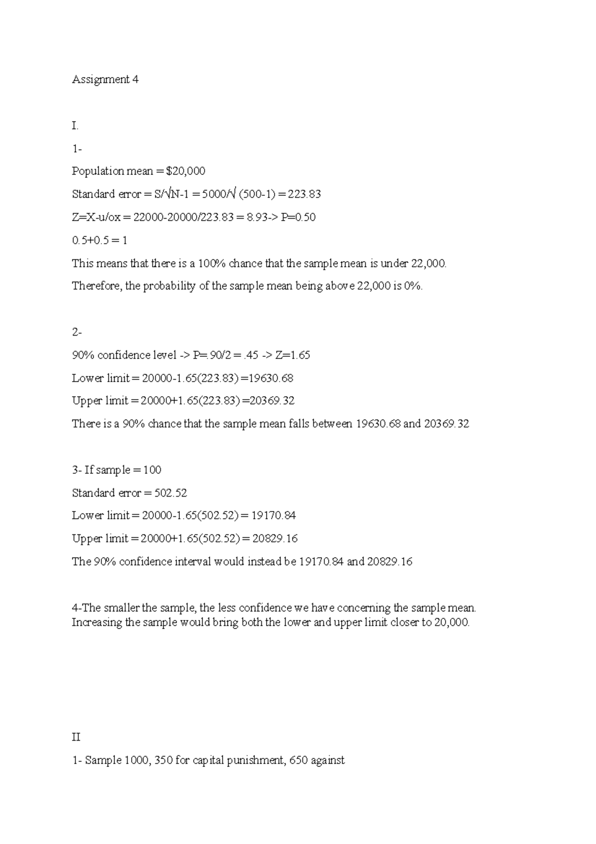 Soci213 assignment 4 - Assignment 4 I. 1- Population mean = $20 ...