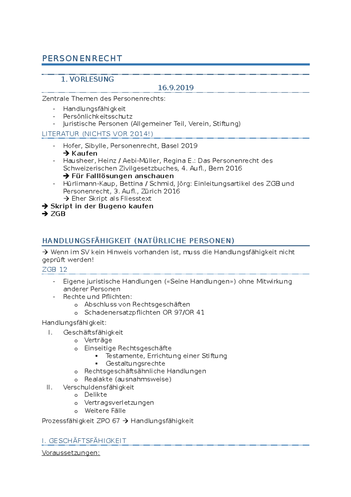 Personenrecht - PERSONENRECHT 1. VORLESUNG 16. Zentrale Themen des ...