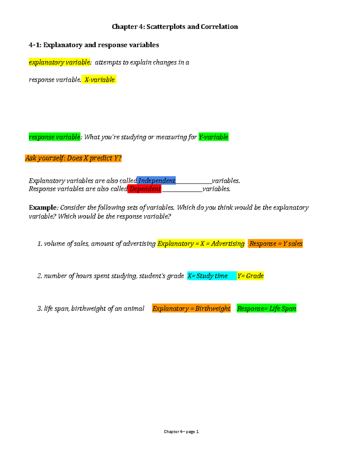 Ch4 Scatterplots and Correlation - Chapter 4: Scatterplots and Correlation 4-1: Explanatory and ...