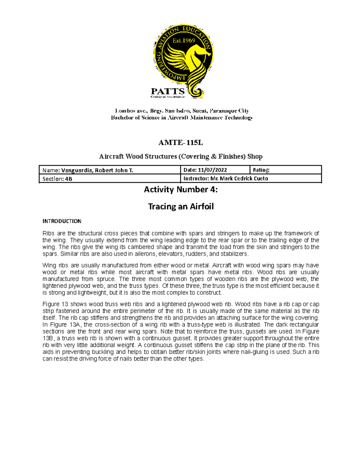 Activity No. 4 Documentation - AMTE-115L Aircraft Wood Structures (Covering & Finishes) Shop ...