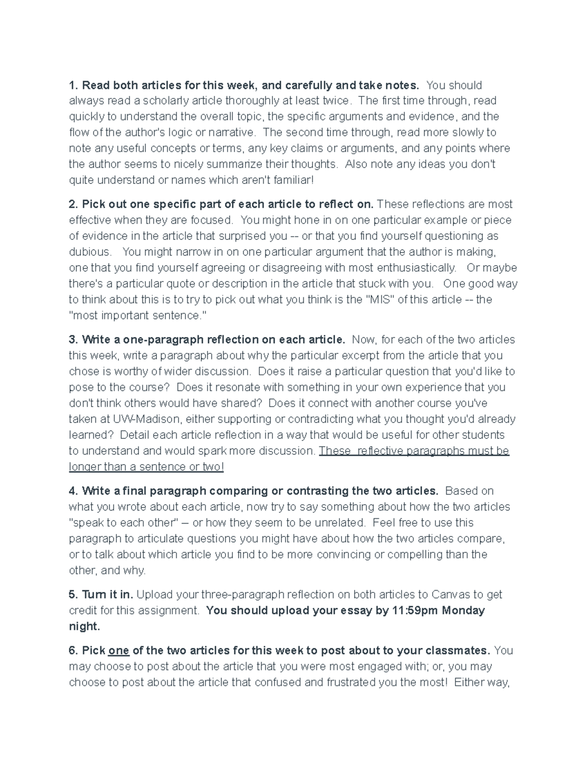 Article reflections directions - 1. Read both articles for this week ...