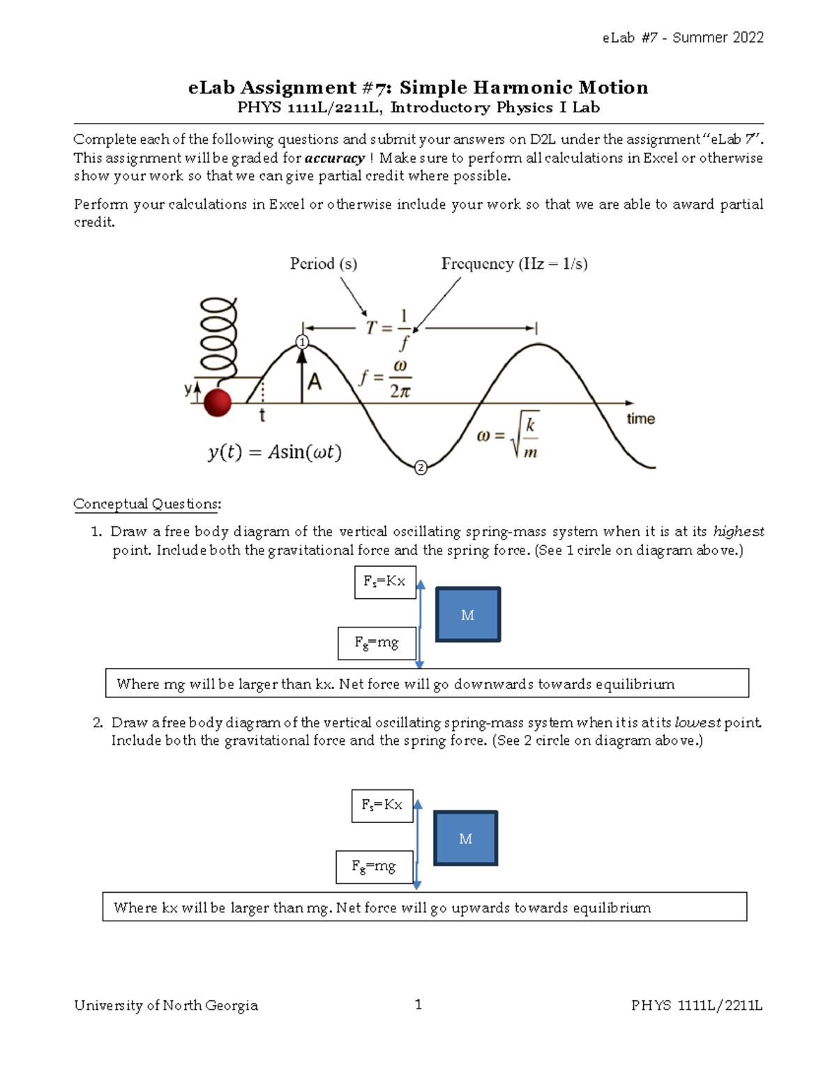 Physics 2211 Lab 7 - eLab Assignment #7: Simple Harmonic Motion PHYS ...