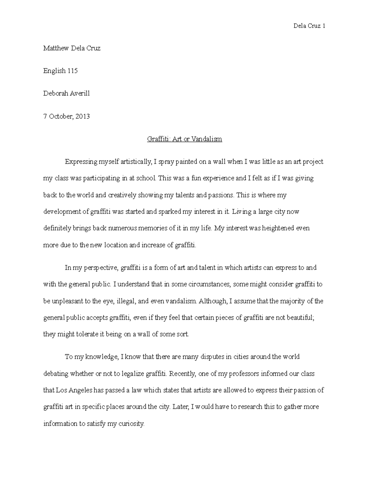 Research Graffiti - Grade: B - Dela Cruz 1 Matthew Dela Cruz English ...