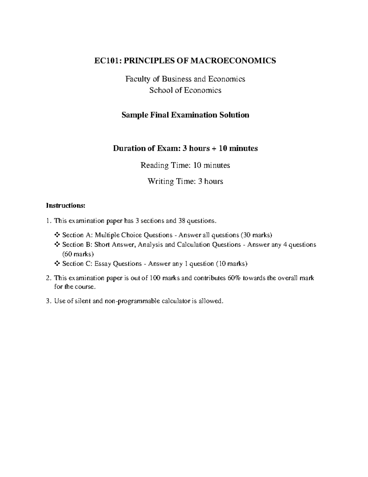 EC101 Sample Final Exam Solution - EC101: PRINCIPLES OF MACROECONOMICS ...