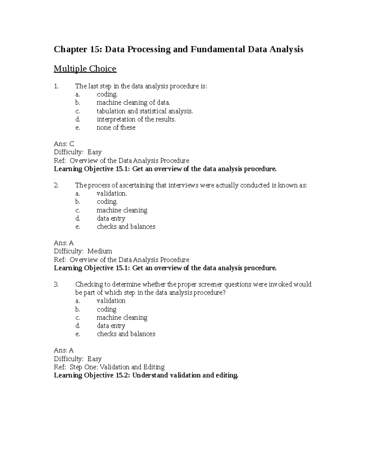 Docx - Practice - Chapter 15: Data Processing and Fundamental Data Analysis Multiple Choice The ...