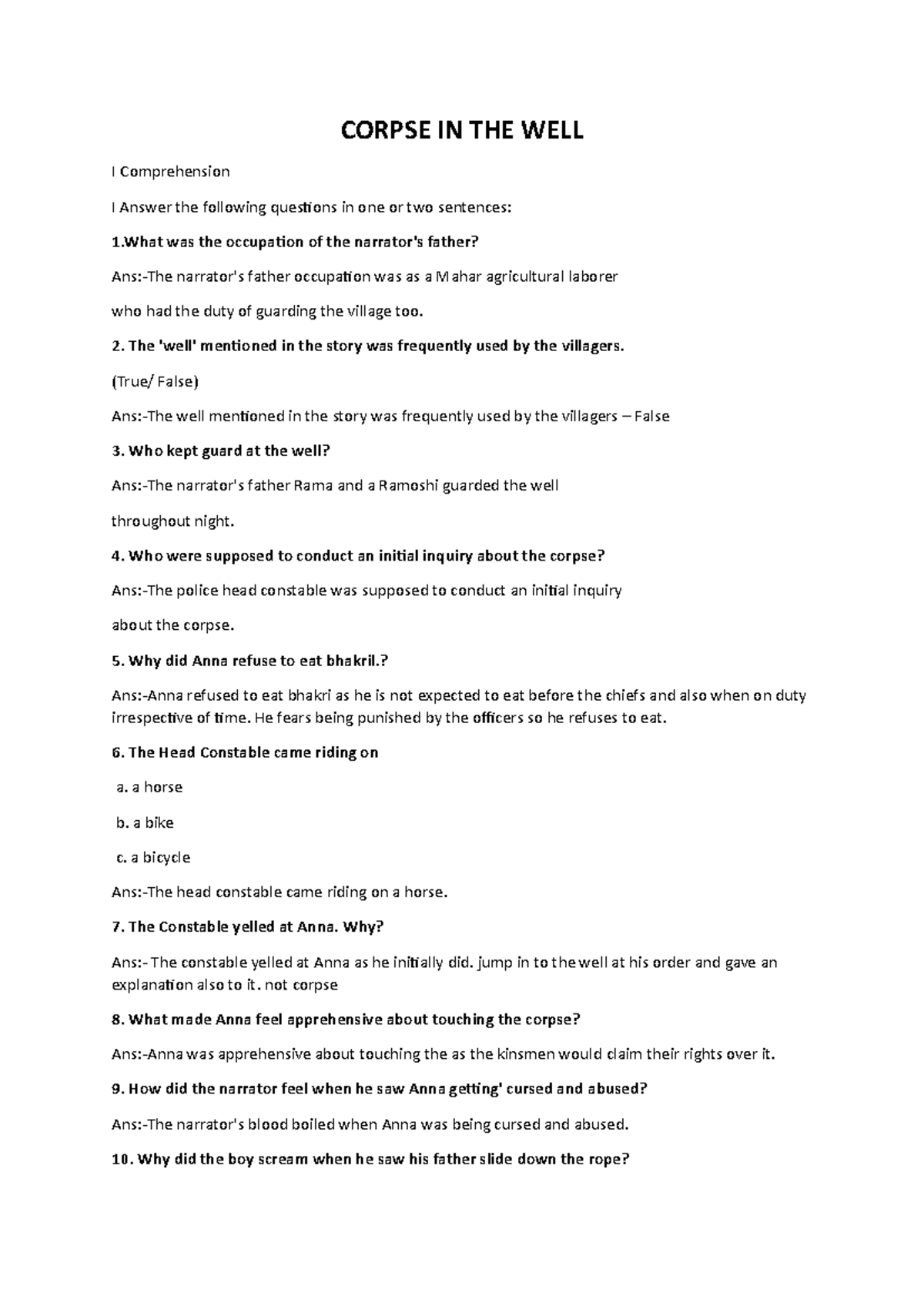 Corpse IN THE WELL - Summary English Literature. A Short History ...