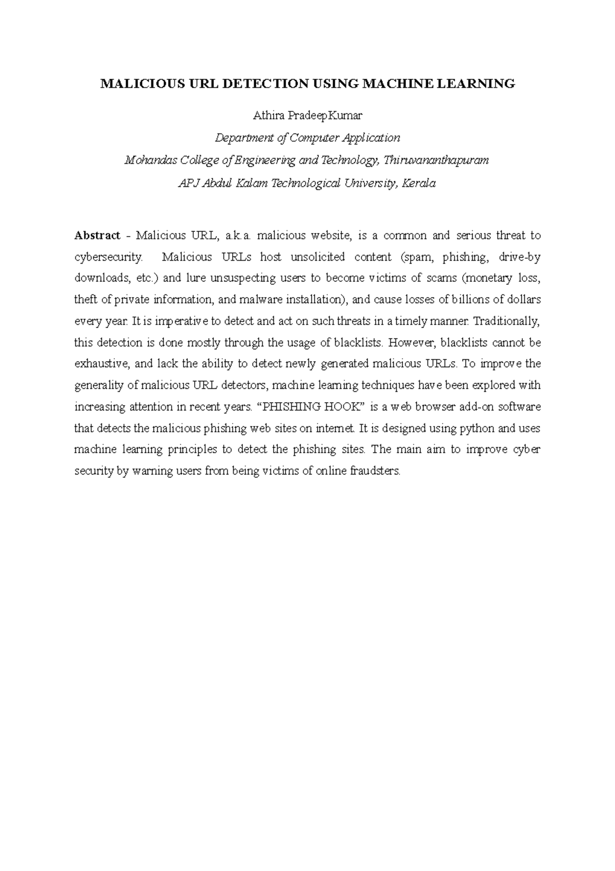 Malicious URL Detection Athira Pradeep Kumar - MALICIOUS URL DETECTION ...