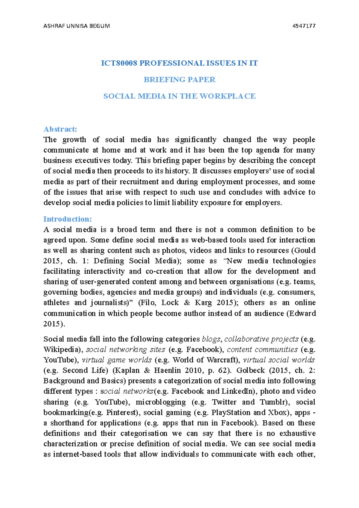 4947177 Briefing Paper Social Media In Work Place - ICT80008 ...