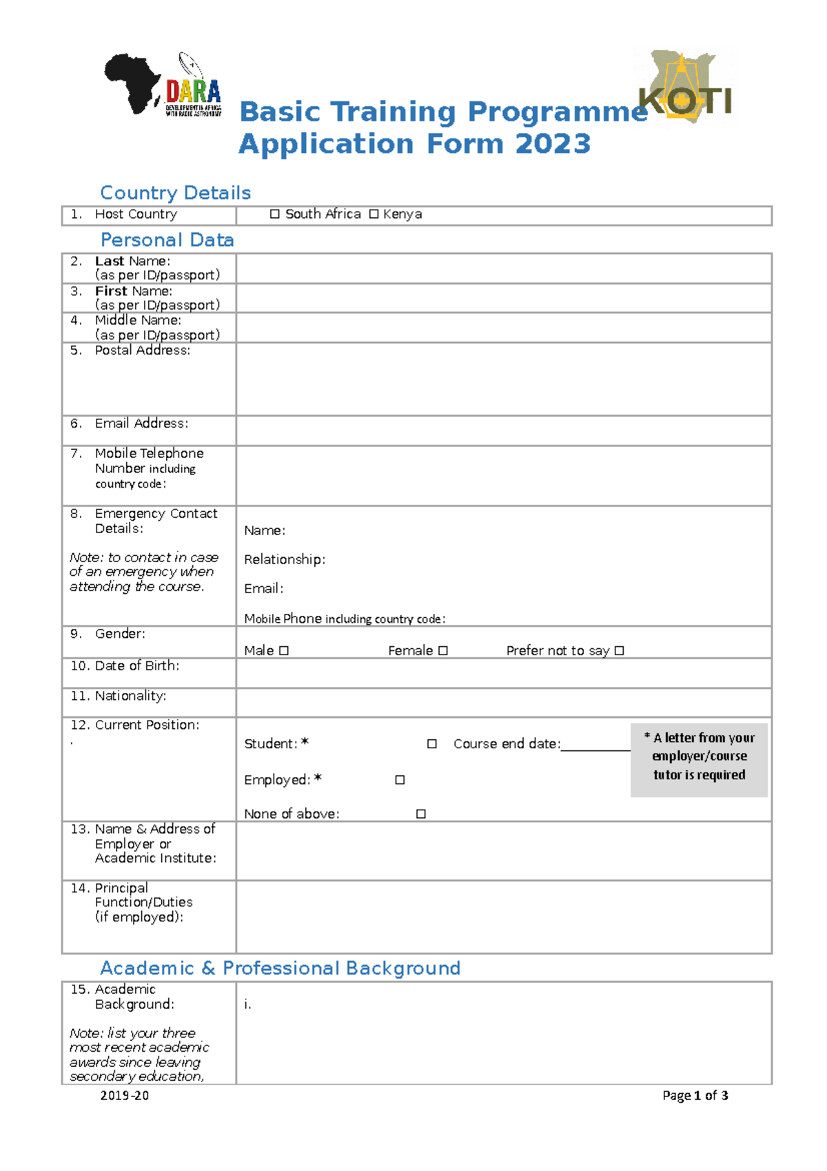 Application Form DARA-KOTI Training Programme - Basic Training ...