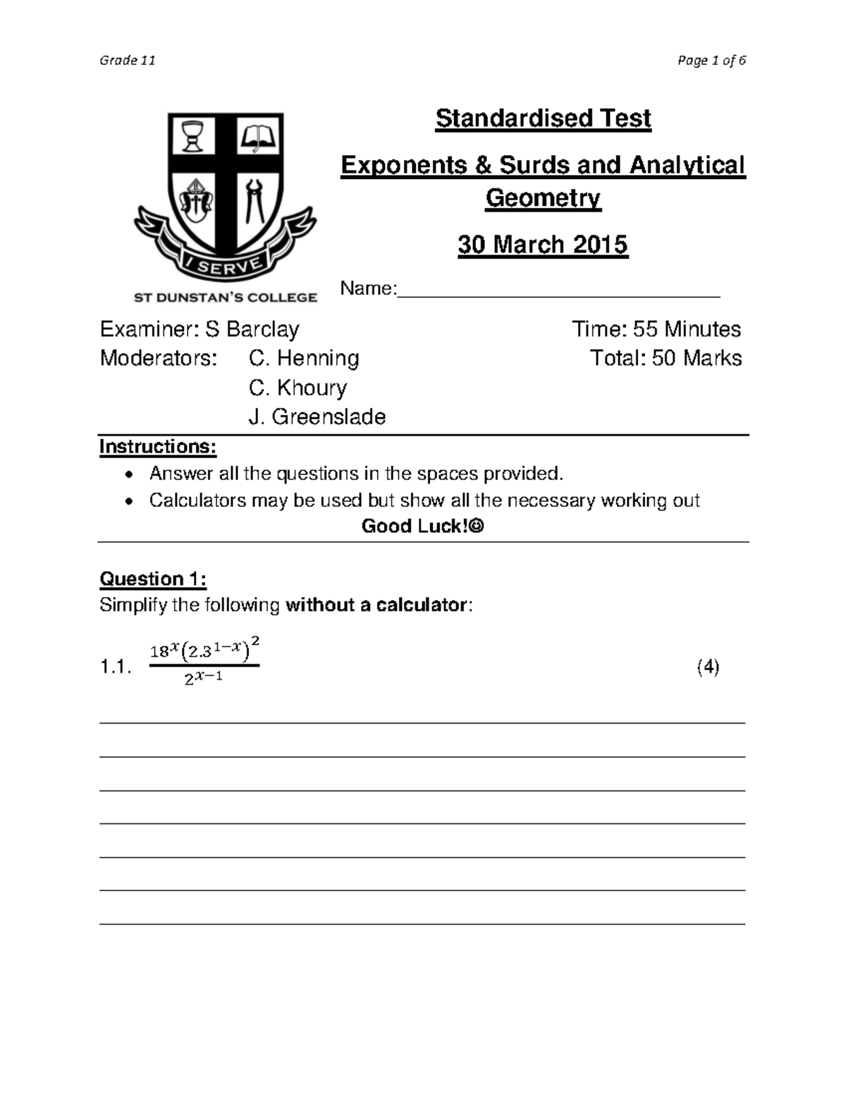 2015 Term 1 Grade 11 Std Test Exponents, Surds and Analytical Geometry ...