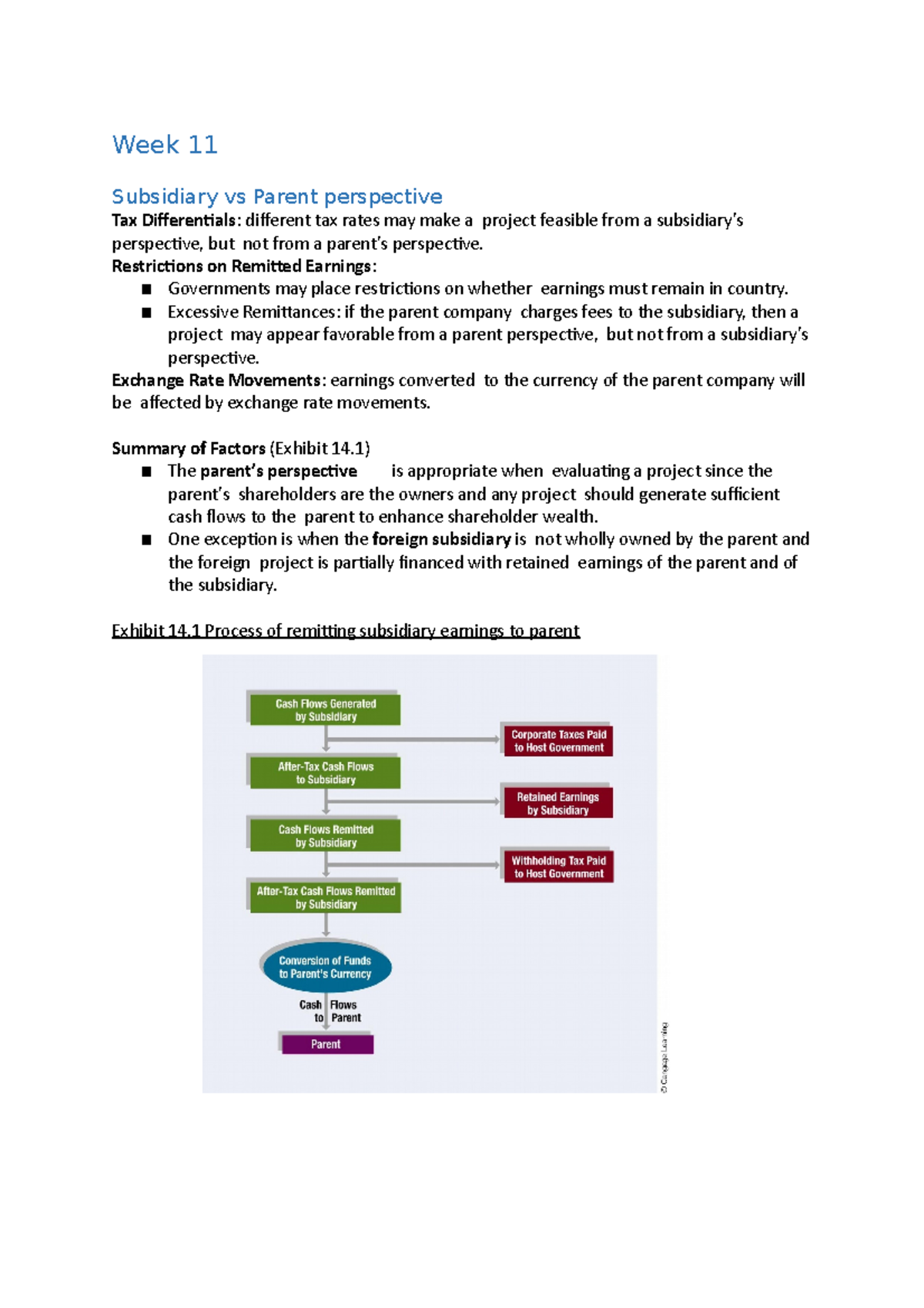 Week 11 - Lecture notes 11 - Week 11 Subsidiary vs Parent perspective ...