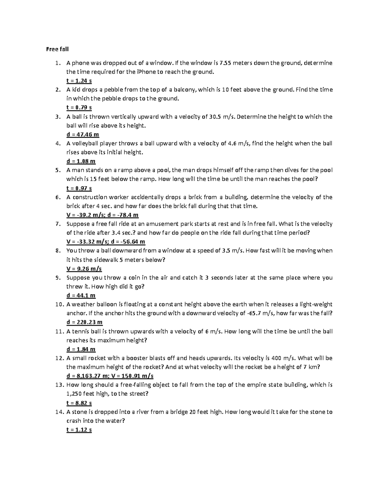 Free fall problems - This is an assignment our physics professor gave ...