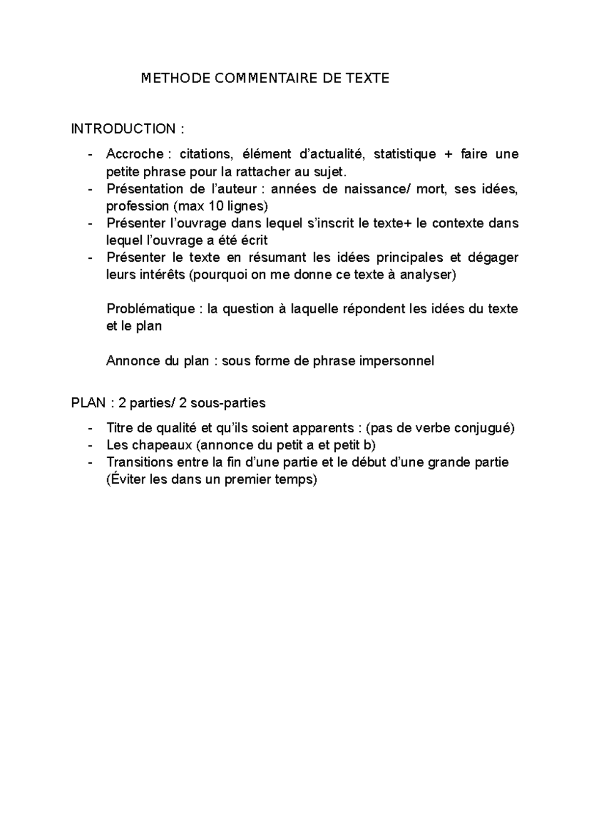 Methode Commentaire DE Texte - METHODE COMMENTAIRE DE TEXTE ...