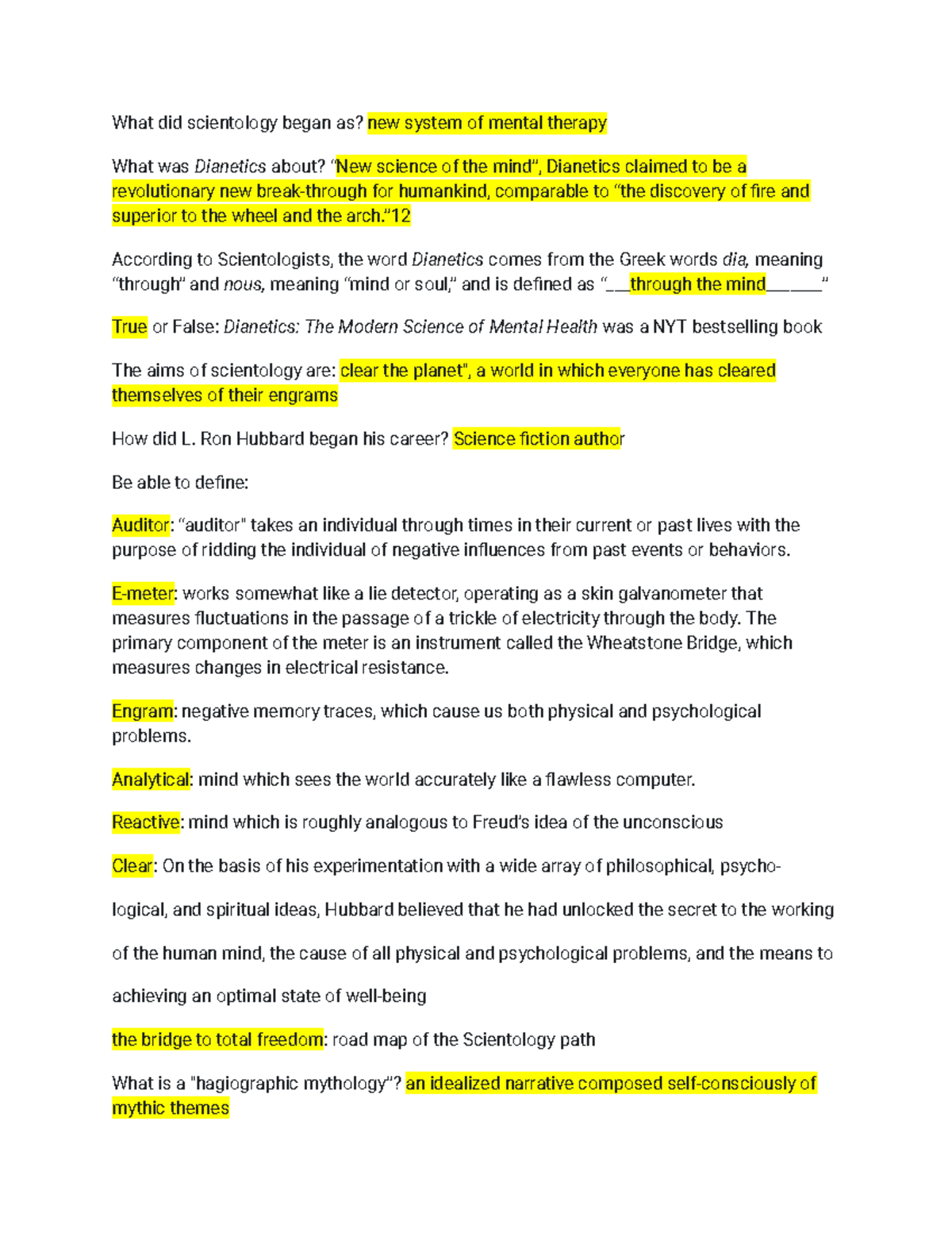 Cult Class Worksheet - What did scientology began as? new system of ...