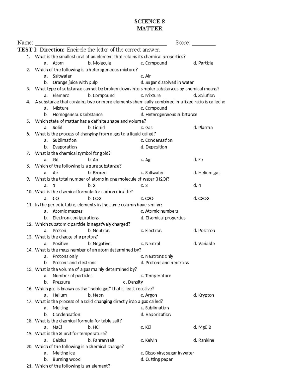 Matter long quiz - This is a long quiz on 4th quarter - SCIENCE 8 ...