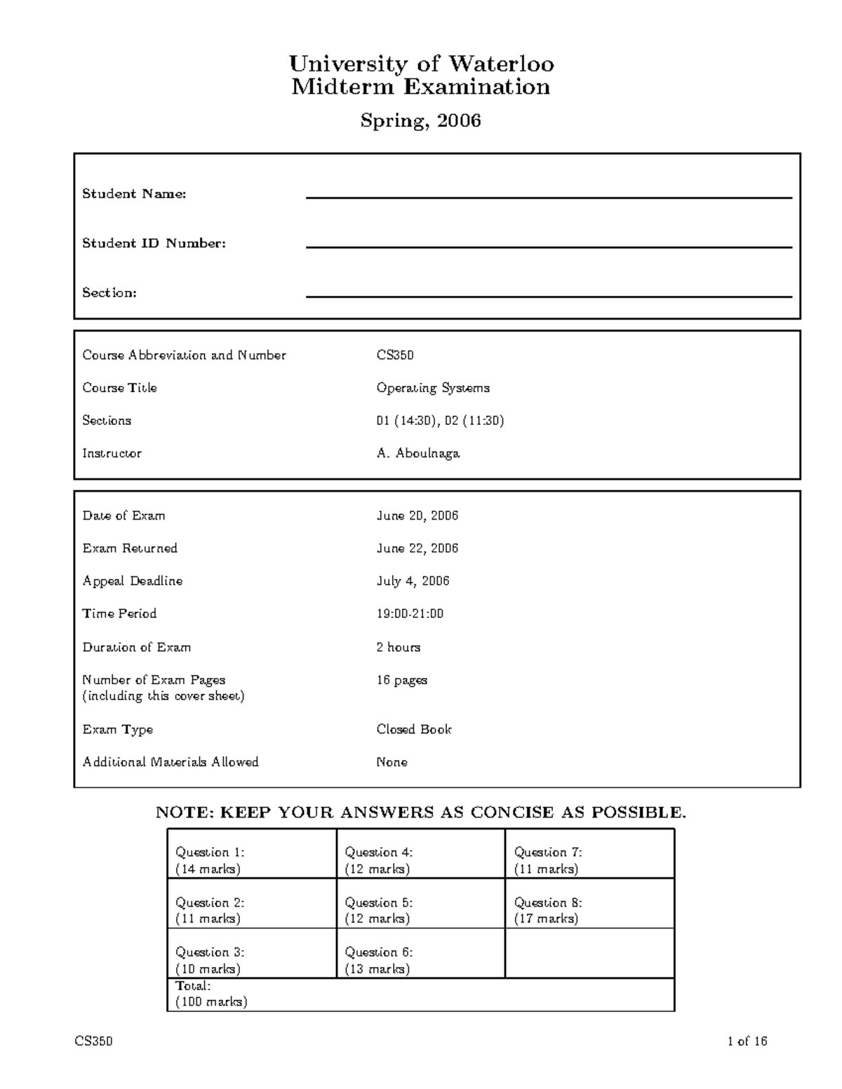S06mid Sol - midterm sample - University of Waterloo Midterm Examination Spring, 2006 Student ...