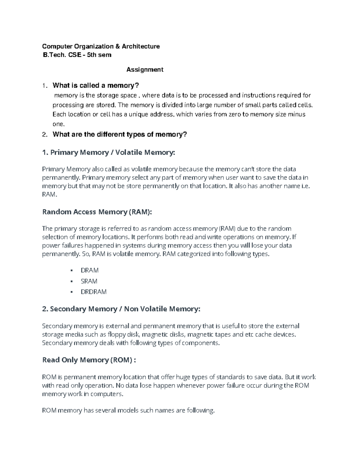 COA Assignments 4 - Handwitten Assignment - Computer Organization & Architecture B. CSE - 5th ...