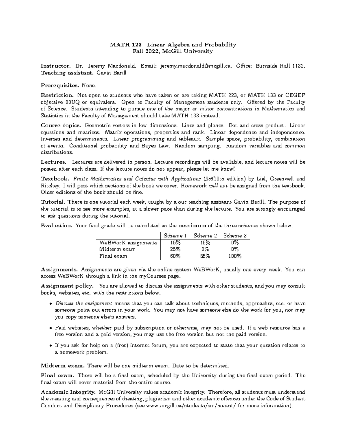 MATH 123 Fall 2022 Syllabus - MATH 123– Linear Algebra and Probability ...