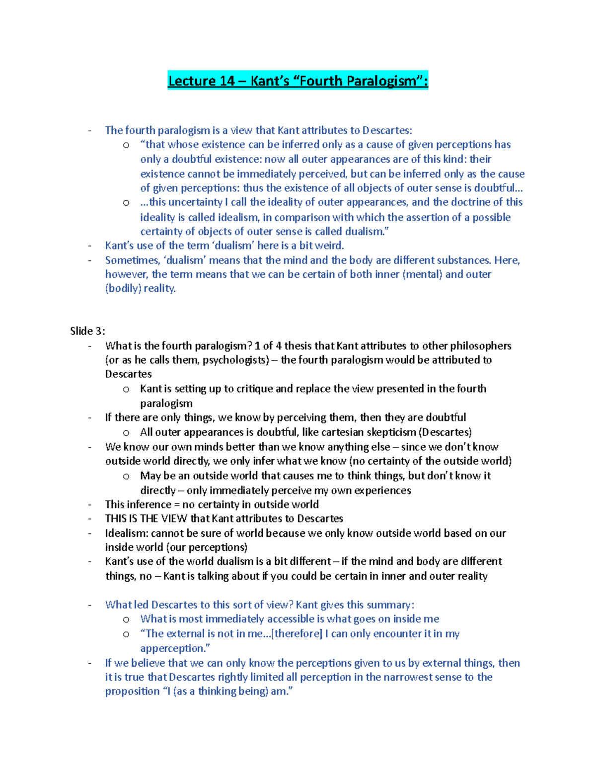 Lecture 14 - Kant Paralogism - Lecture 14 – Kant’s “Fourth Paralogism ...