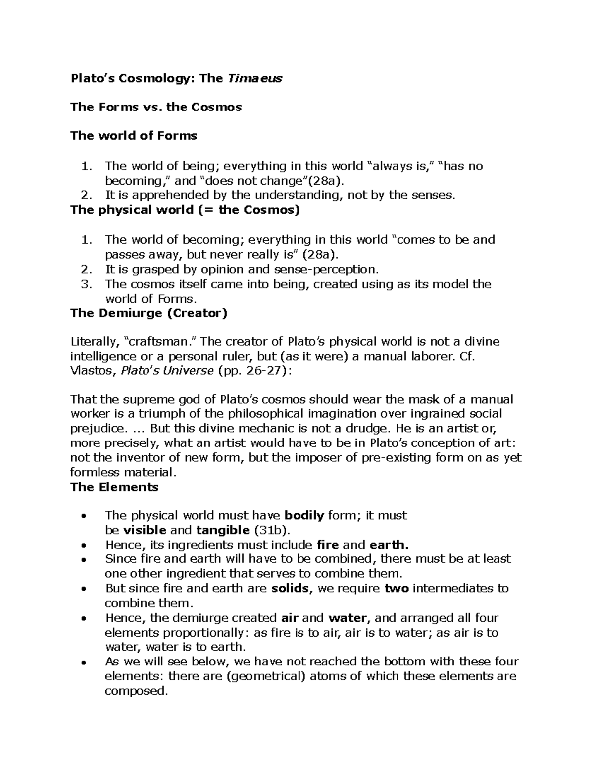 Phil 28 - The Timaeus philosophy class notes - Plato’s Cosmology: The ...