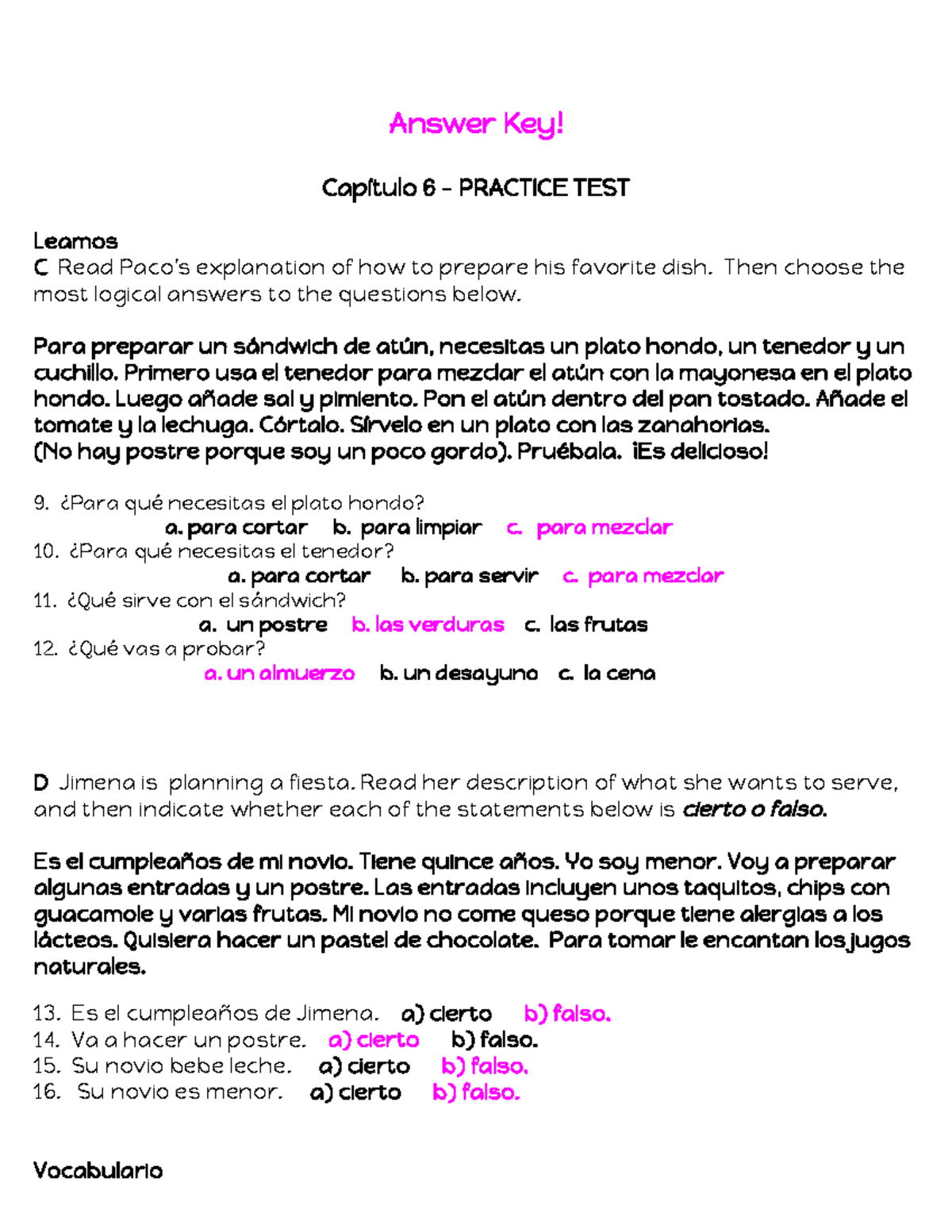 Copy of Practice test answers - C6 - Answer Key! Capítulo 6 – PRACTICE ...