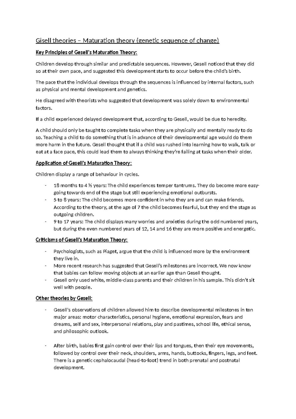 Theories - Gisell theories – Maturation theory (genetic sequence of ...