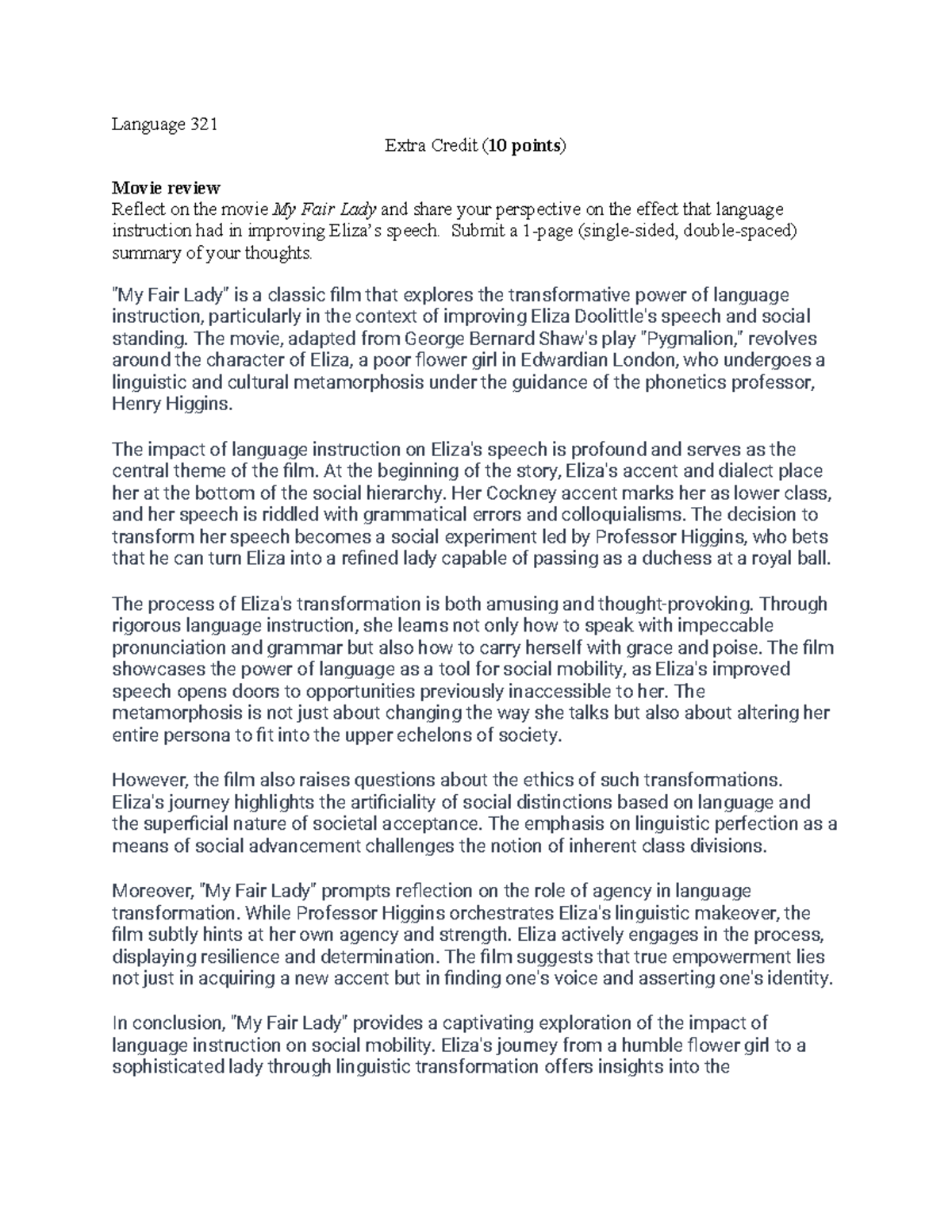 Extra credit - Language 321 Extra Credit (10 points) Movie review ...