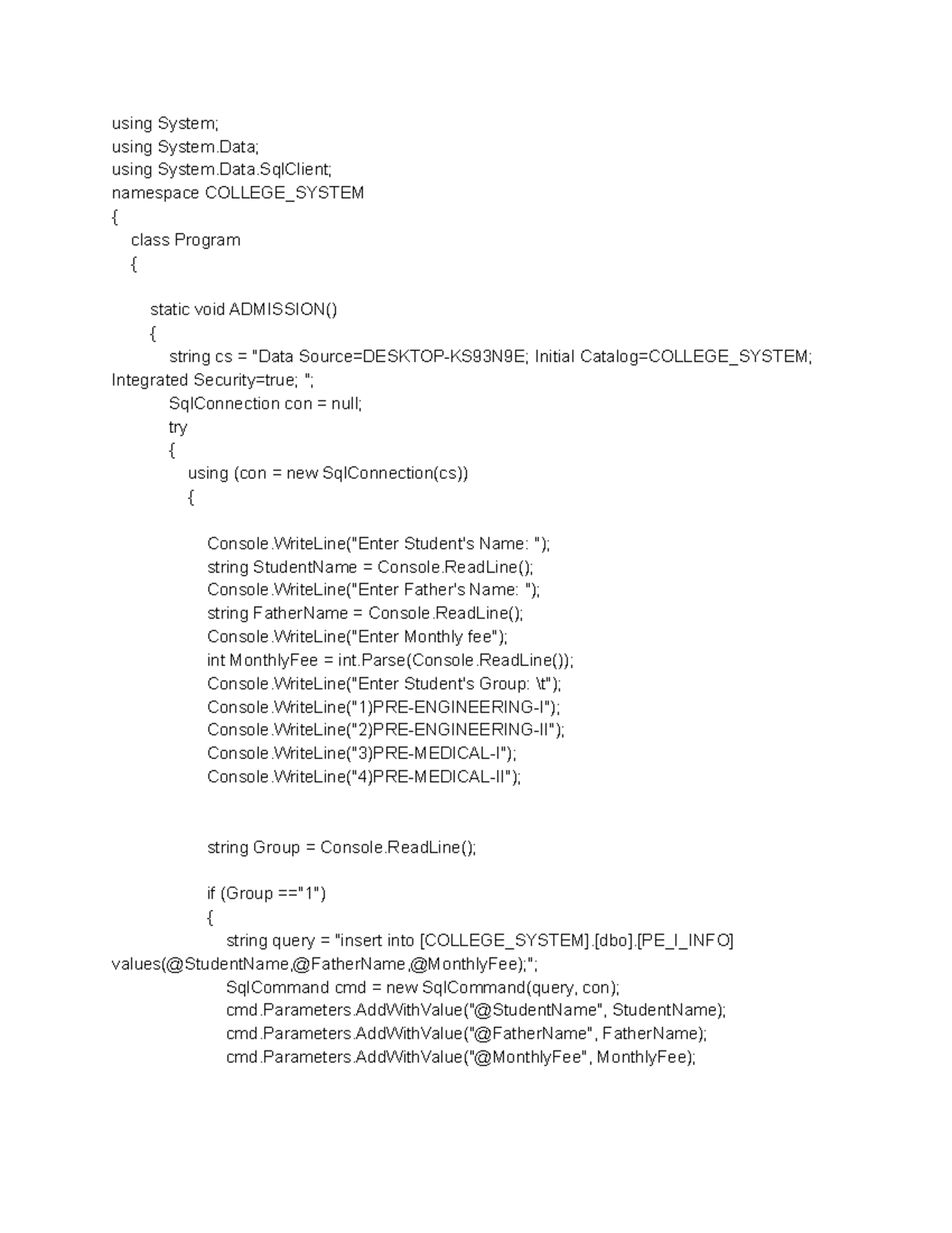 C#CODE-TXT - assembly code - using System; using System; using System.Data; namespace COLLEGE ...
