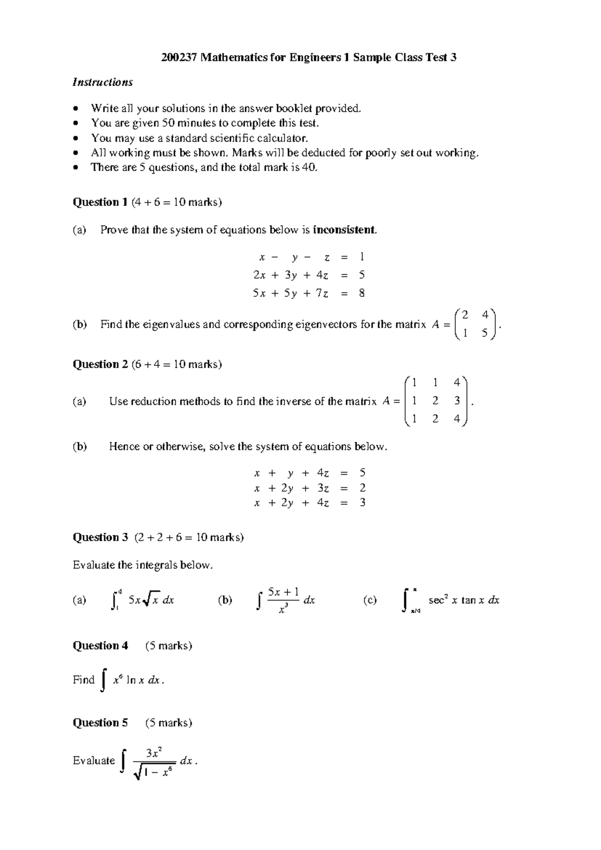Sample Class Test 3 - You are given 50 minutes to complete this test ...