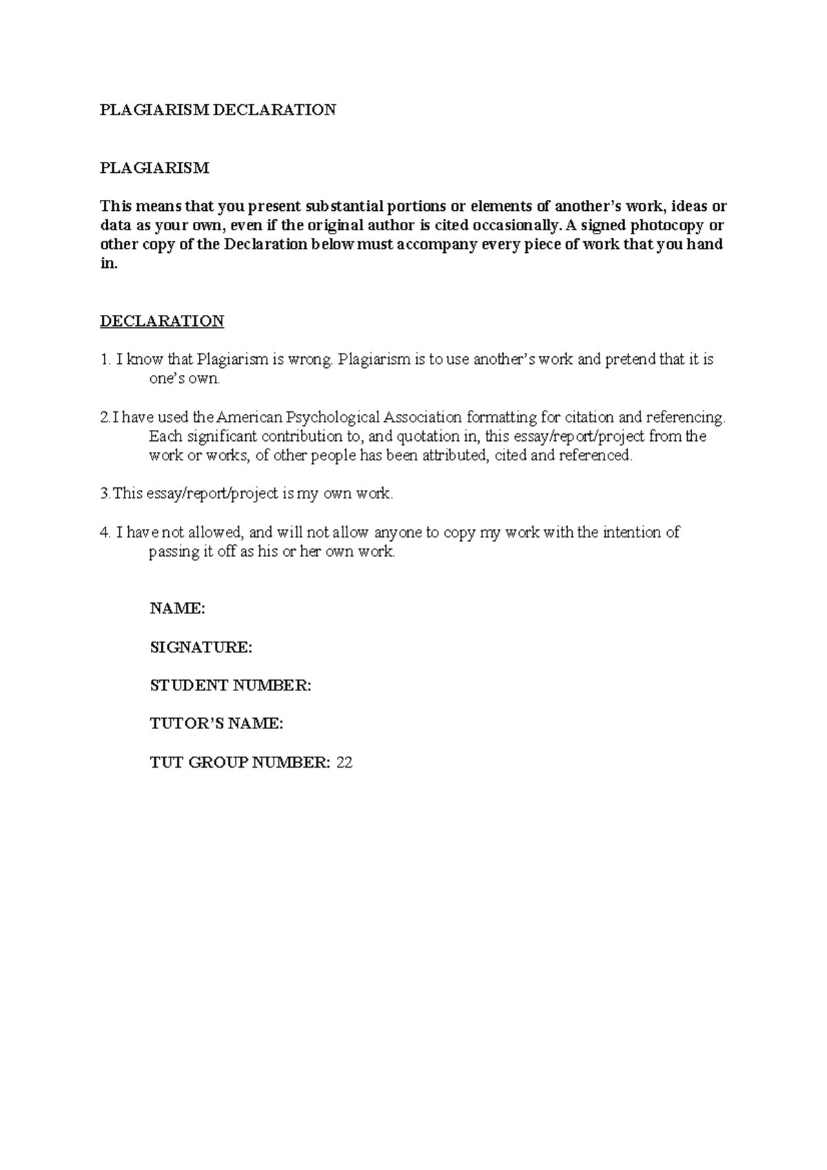 PSY2014 S-Assignment 2. - PLAGIARISM DECLARATION PLAGIARISM This means ...