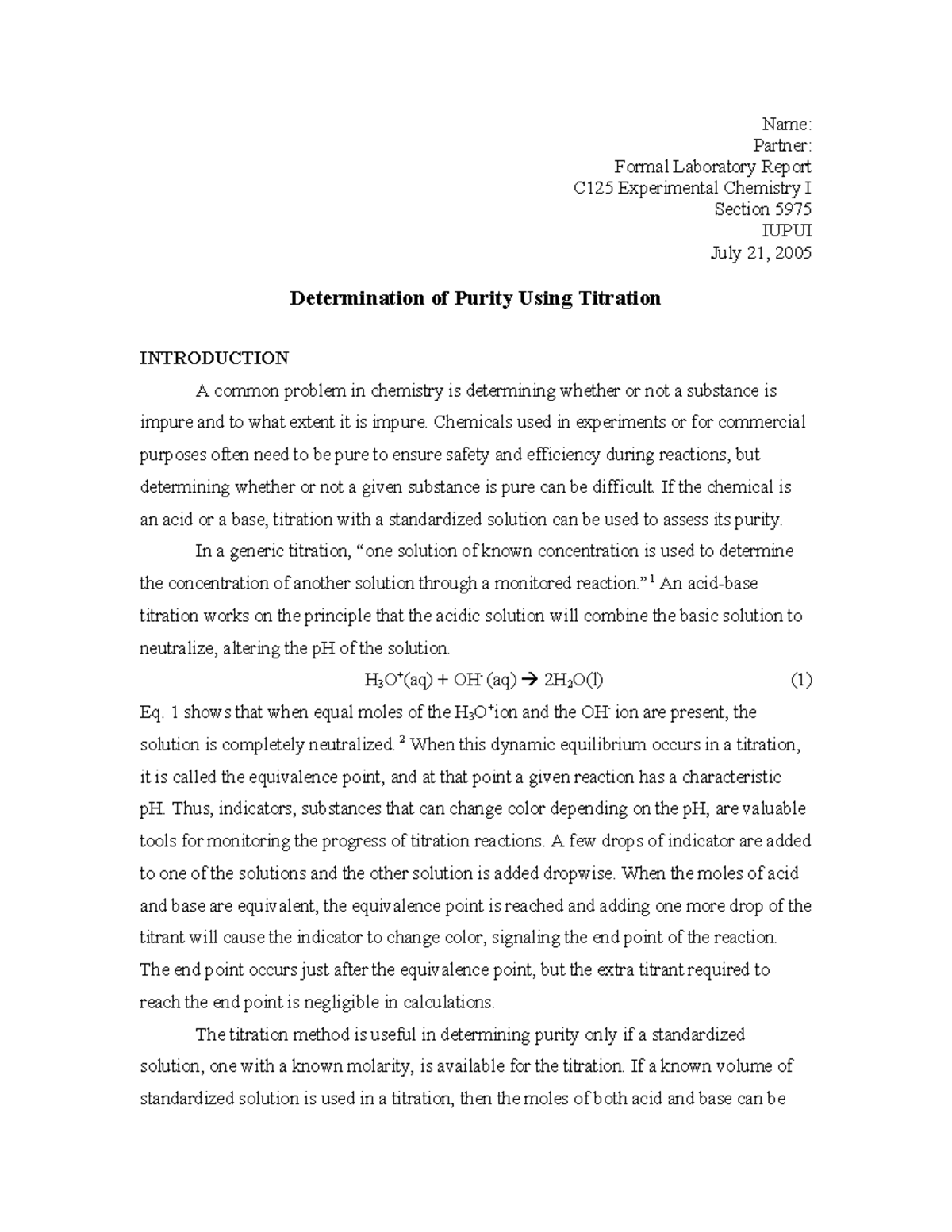 Formal Report Example-1 - Name: Partner: Formal Laboratory Report C125 ...