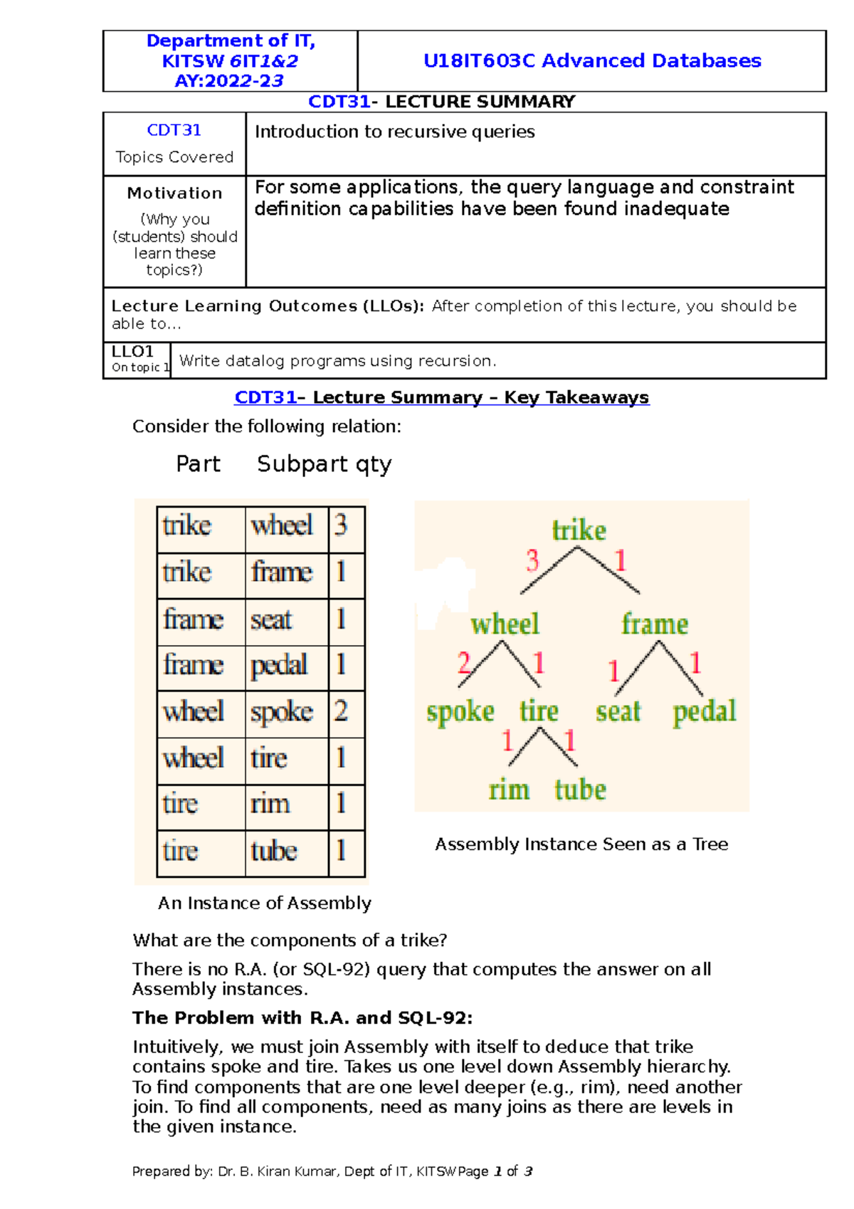 Advanced Database-11 - notes - Department of IT, KITSW 6 IT1& AY:202 2 ...