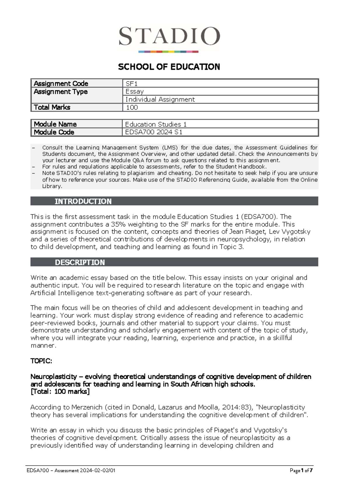 Stadio Assignment Template EDSA700-SF1 2024 - SCHOOL OF EDUCATION ...