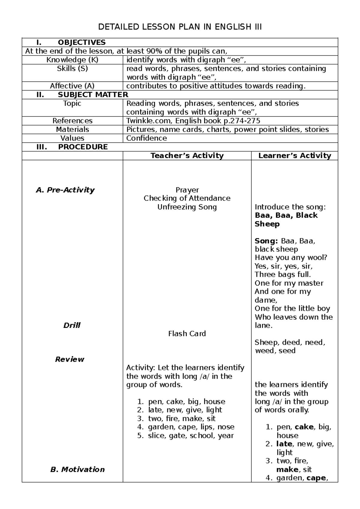 Detailed Lesson PLAN IN English III - DETAILED LESSON PLAN IN ENGLISH ...