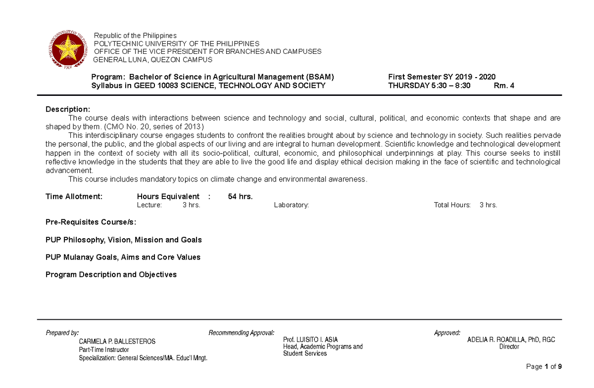 OBE Syllabus Template - General LUNA Science Technology and Society ...