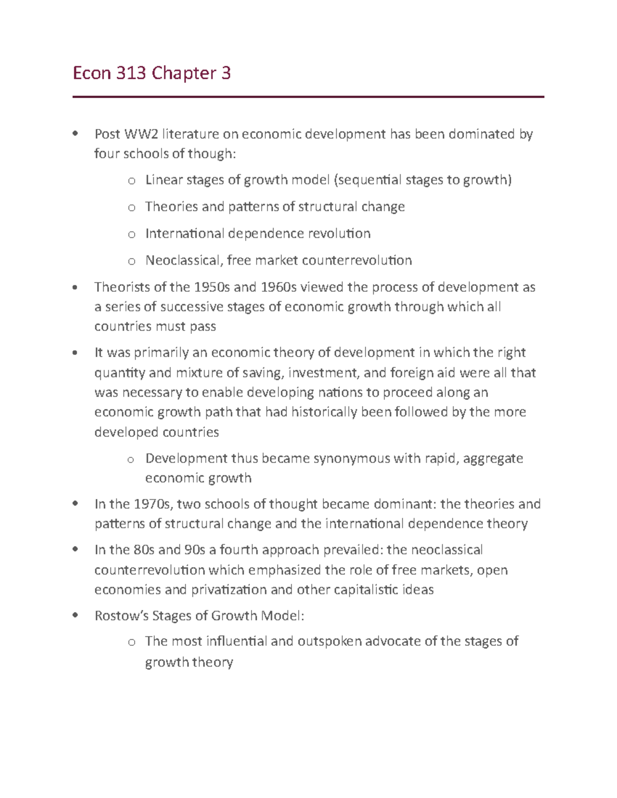 Econ 313 Textbook Chapter 3 - Econ 313 Chapter 3 Post WW2 literature on economic development has ...