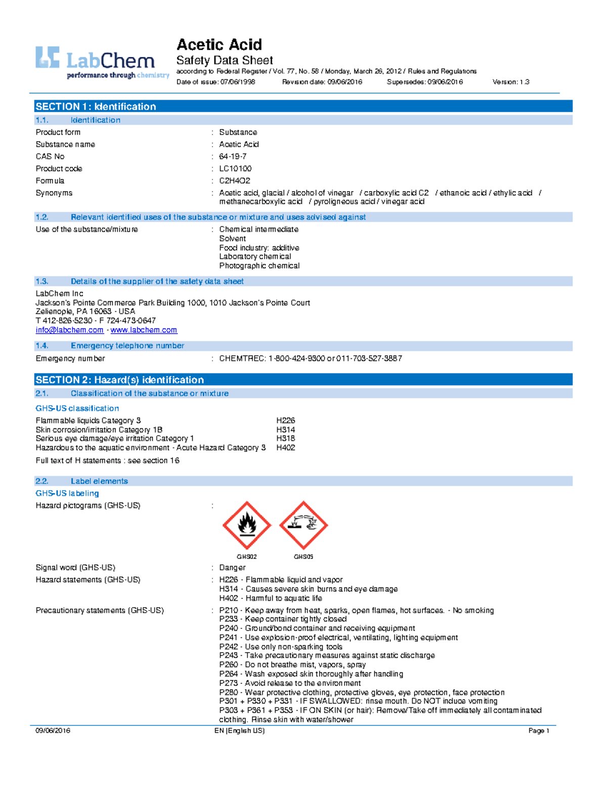 Acetic acid - Safety Data Sheet according to Federal Register / Vol. 77 ...