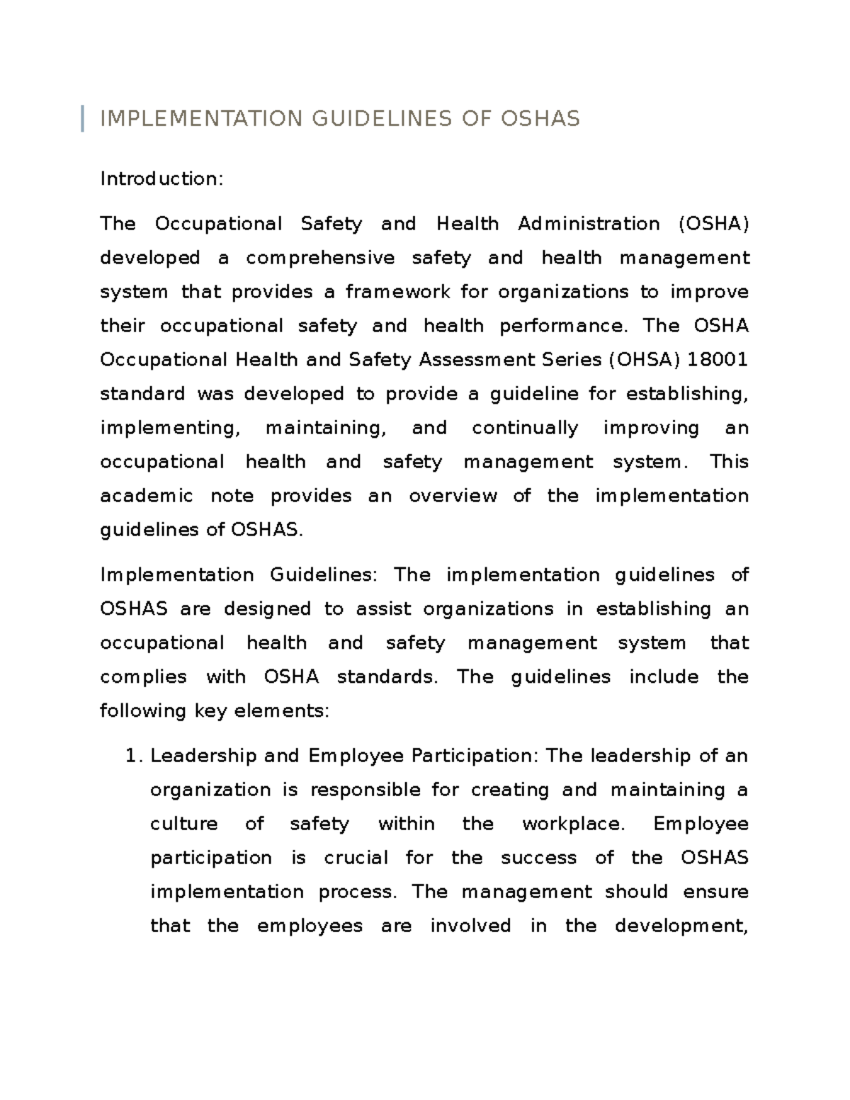 An overview of Implementation Guidelines of Oshas - IMPLEMENTATION ...