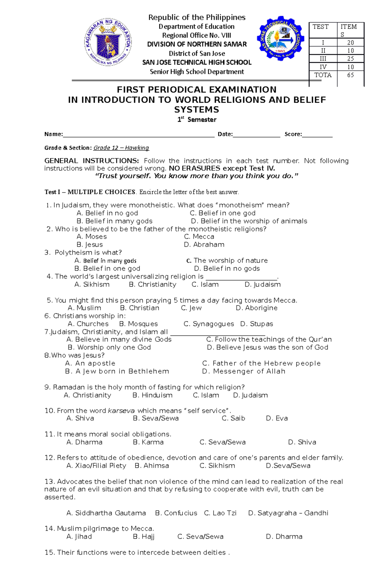 World Religion TEST Paper - Republic of the Philippines Department of ...