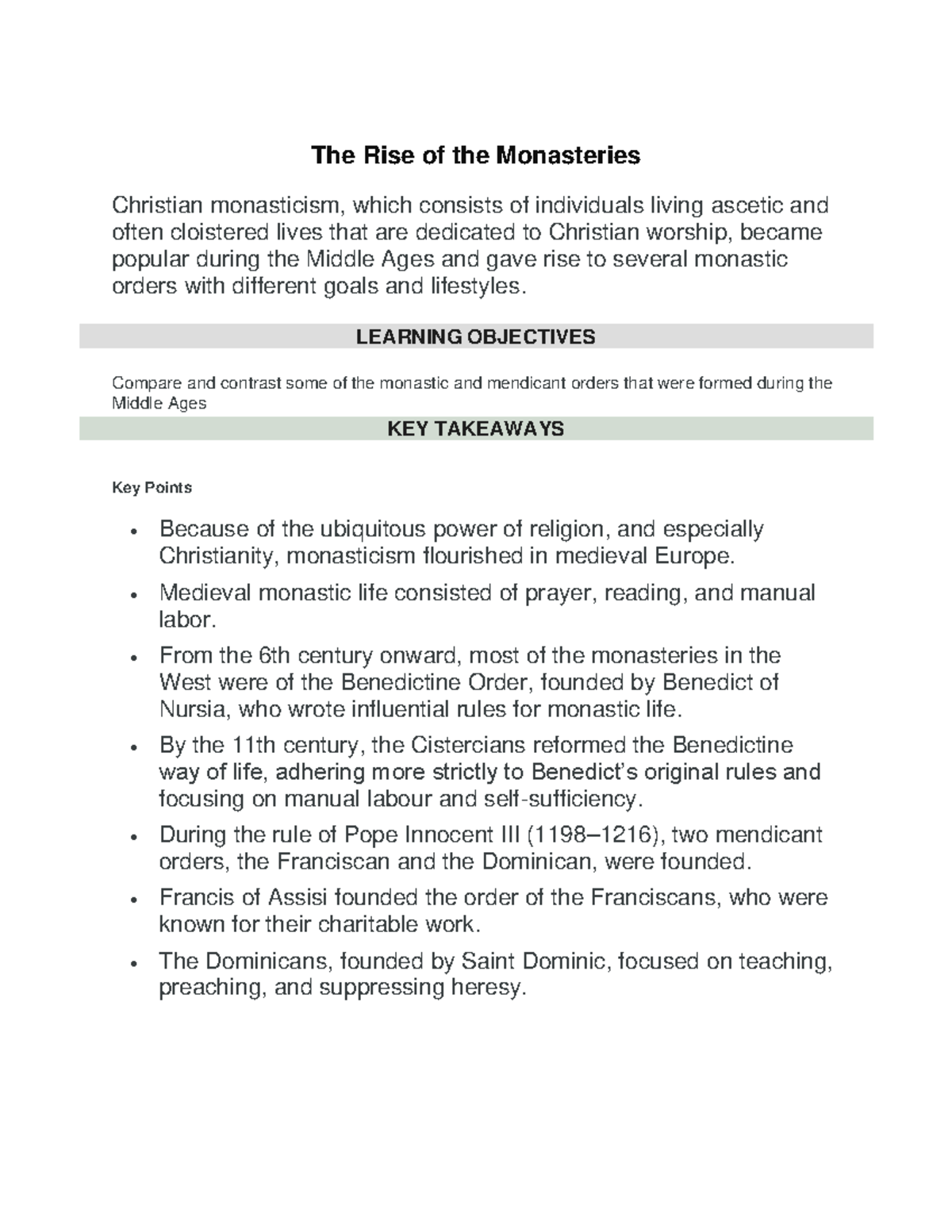 Rise of monasteries - lecture notes - The Rise of the Monasteries ...